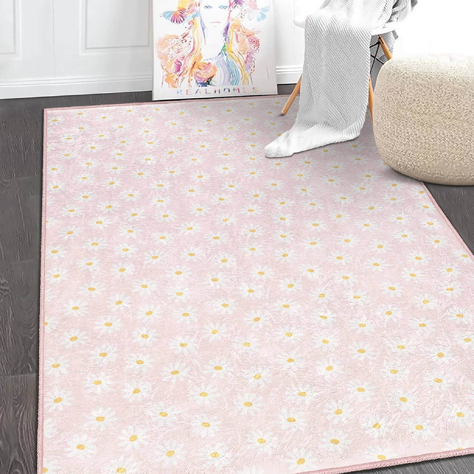 Daisy Pattern Rectangle Rug|floral Area Rug|pink Kids Rug|flowers ...