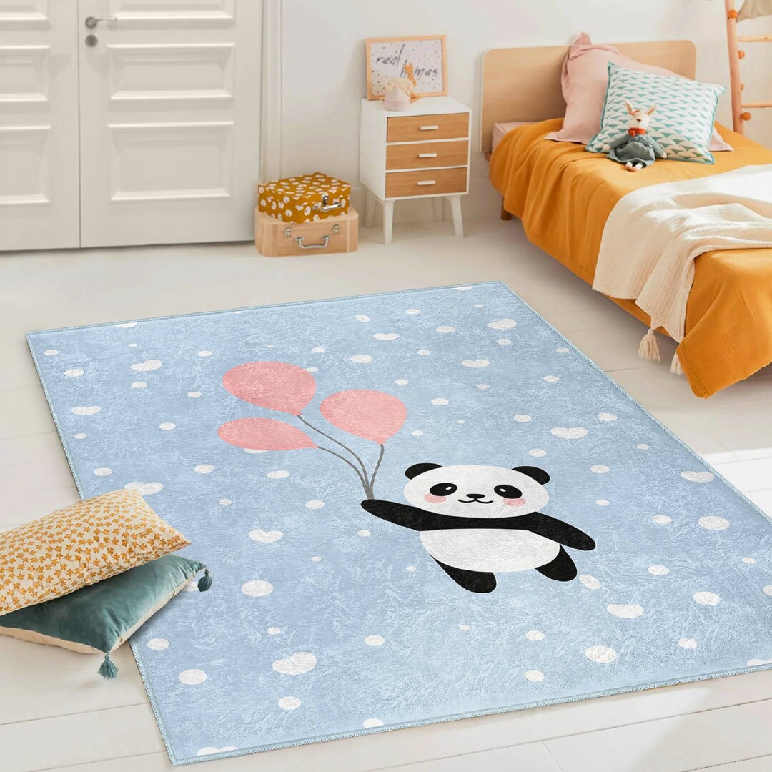 Panda Pattern Blue Nursery Rug|soft Kids Room Rug|polka-dot Kid's ...