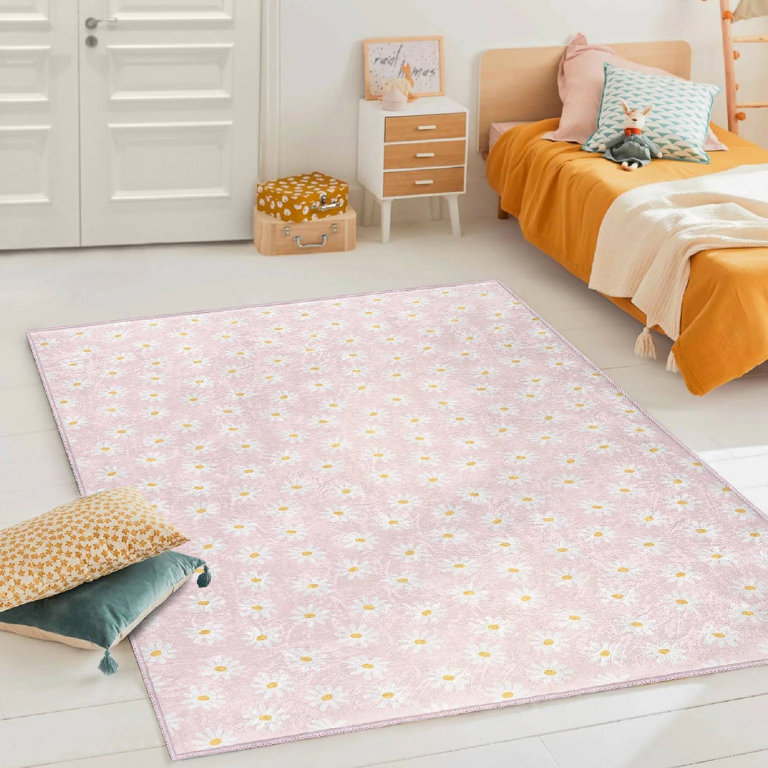 Daisy Pattern Rectangle Rug|floral Area Rug|pink Kids Rug|flowers ...