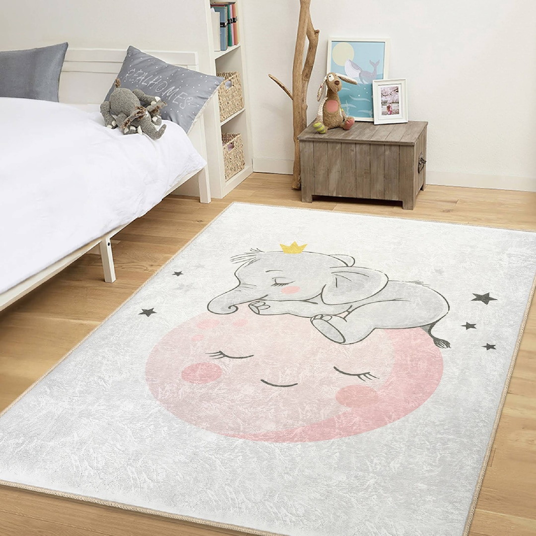 Cute Elephant Baby Room Rug|moon Patterned Kids Room Rug|unique Kid's ...