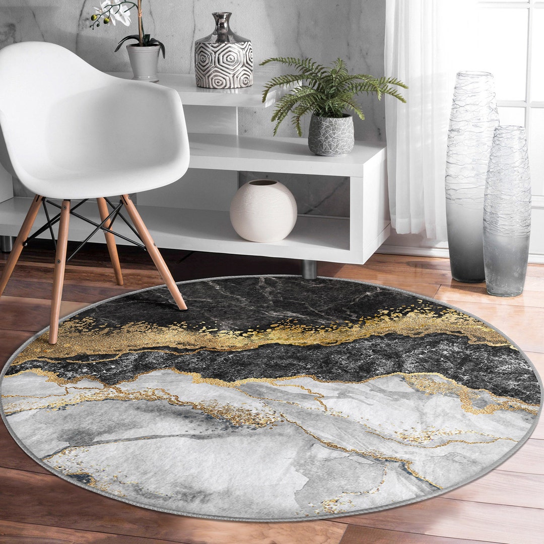 Marble Pattern Round Rug|luxury Living Room Rug|gold and Black Dining ...
