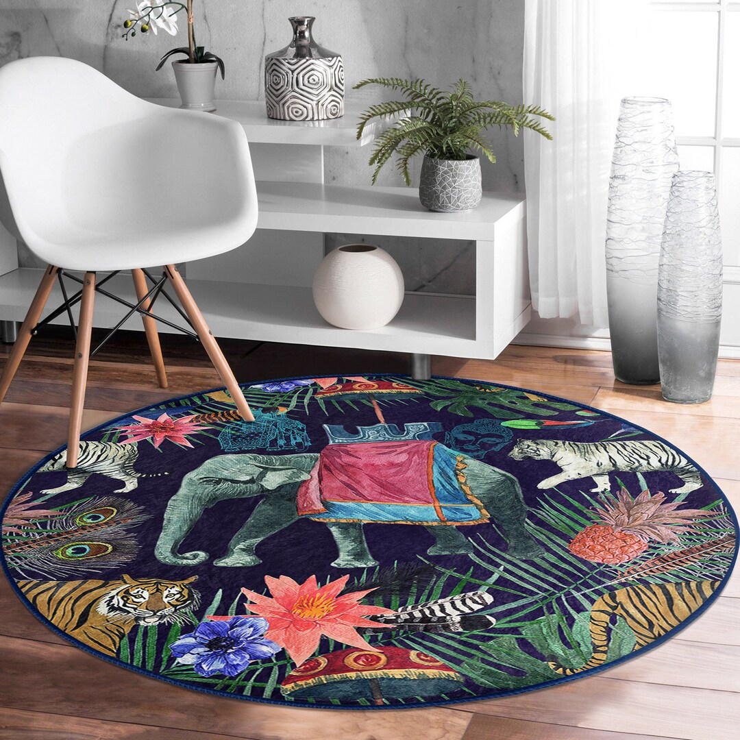 Elephant Yoga Mat|wildlife Yoga Mat|round Living Room Rug|colorful ...