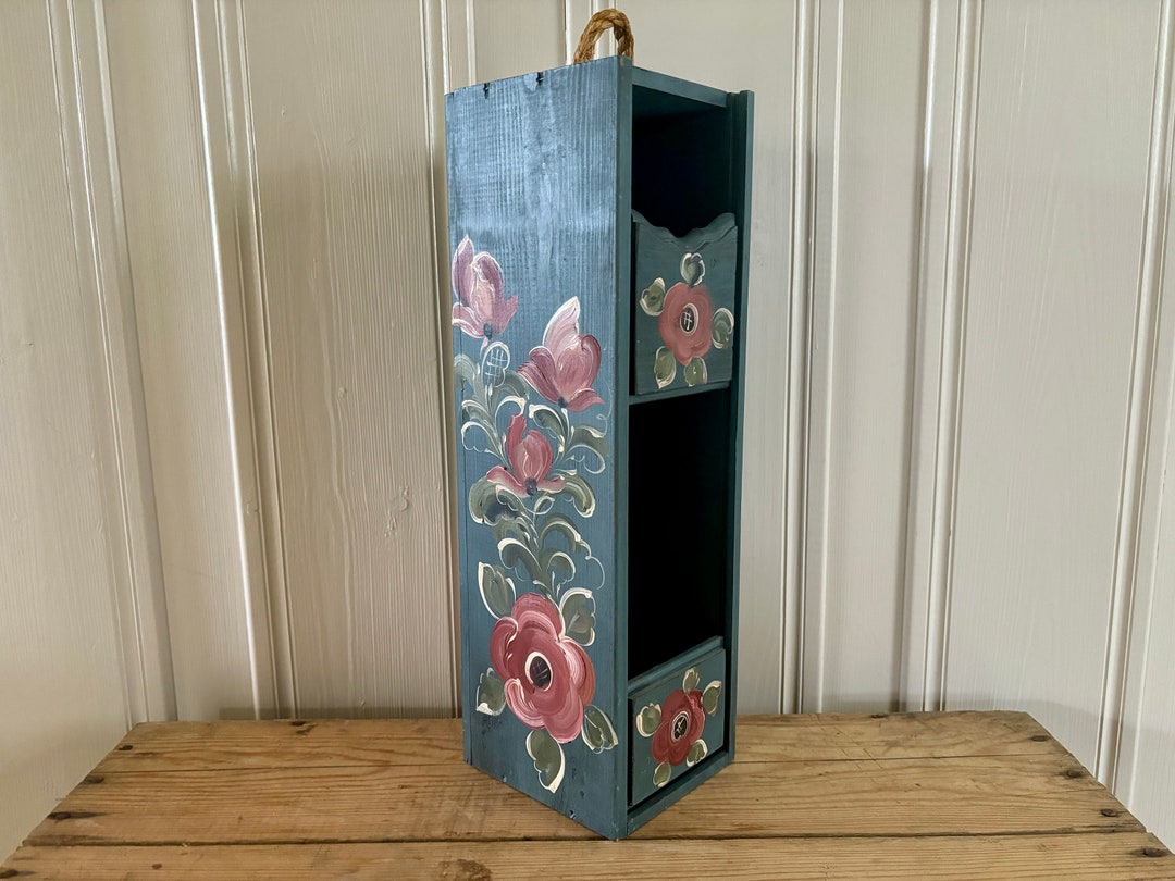 Vintage 1998 Wine Holder Wood Box Blue Bottle Box Telemark Painting ...