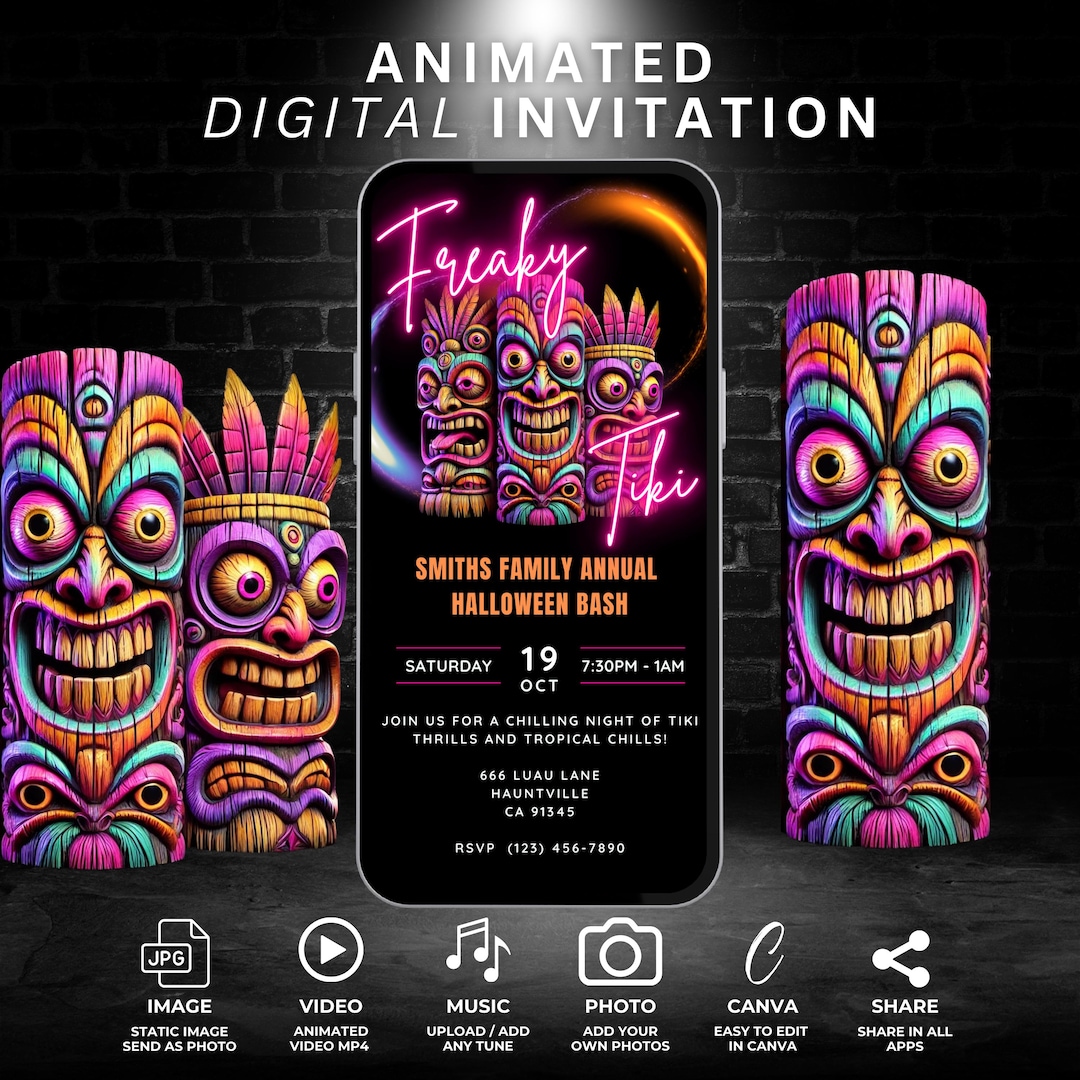 Freaky Tiki Halloween Party Invitation Template, Animated Neon Tropical ...