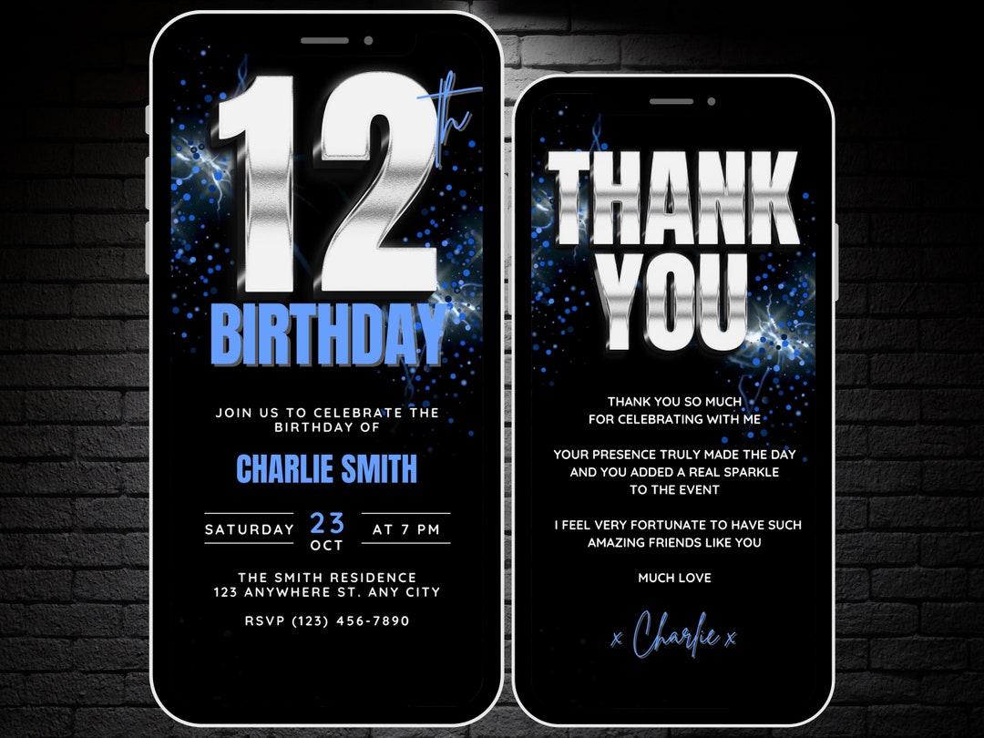 Boys 12th Birthday Invitation, Animated Silver Blue 12 Birthday Party ...