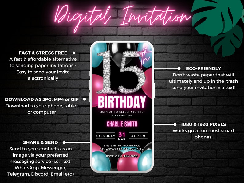 Digital Girls Animated Fifteen 15th Birthday Party Invite, Editable ...