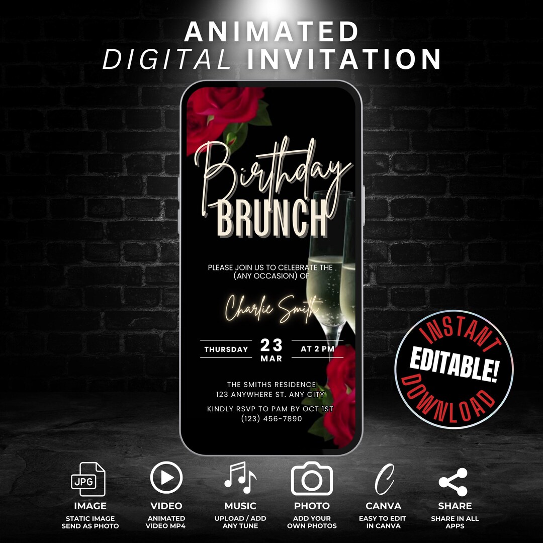 Animated Birthday Brunch Invitation Template, Digital Floral Champagne ...