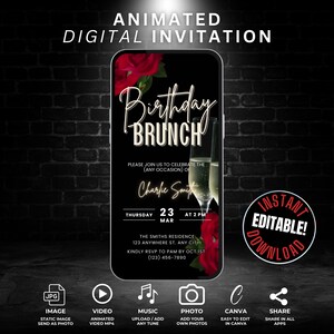 Animated Birthday Brunch Invitation Template, Digital Floral Champagne ...