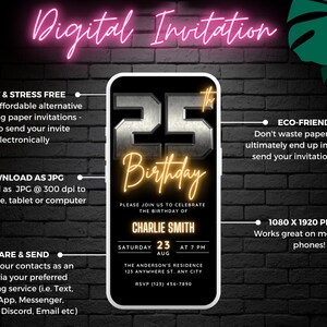 Digital 25th Birthday Invitation for Men 25 Invite Flyer, Rustic Metal ...