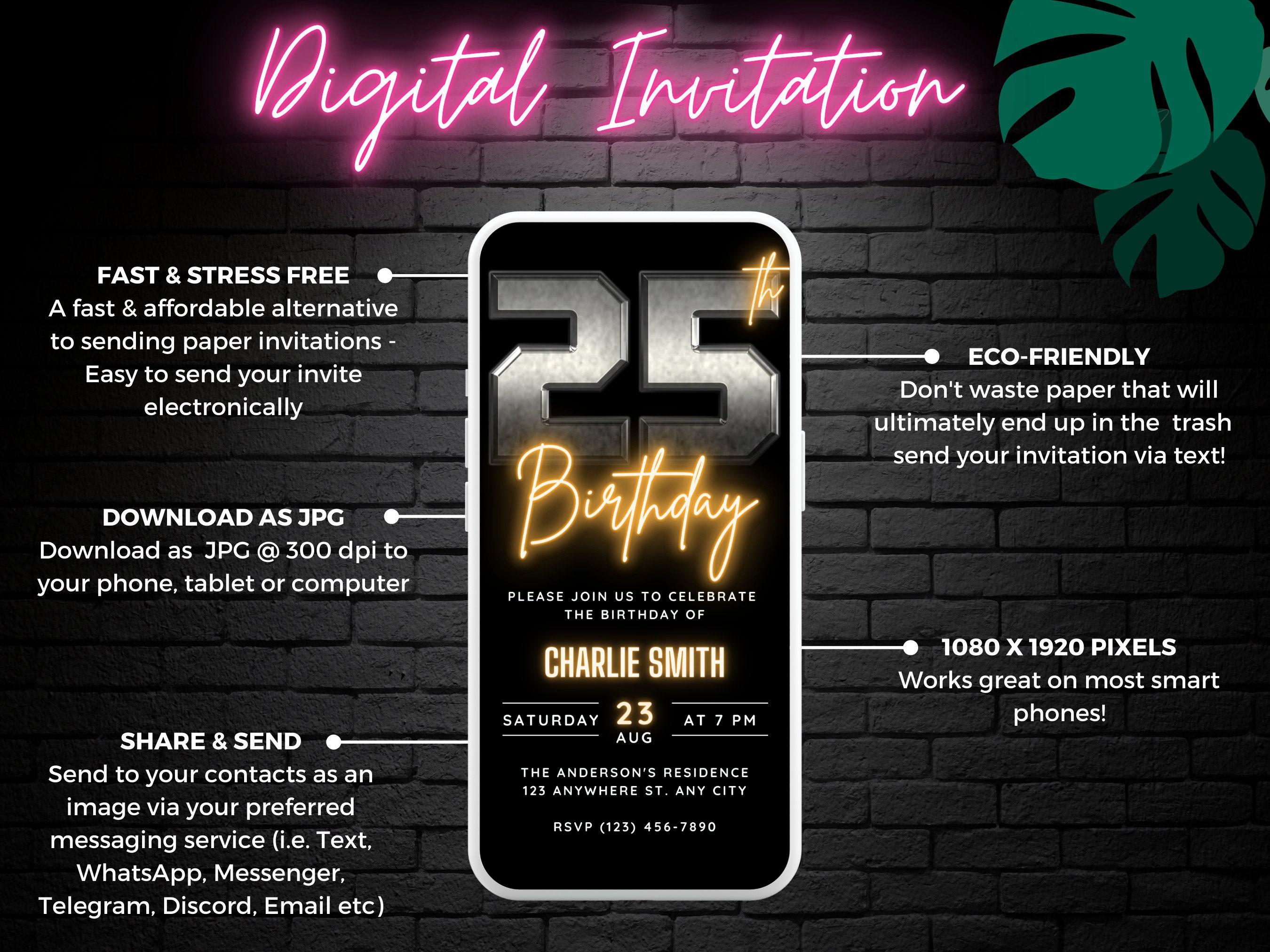 Digital 25th Birthday Invitation for Men 25 Invite Flyer, Rustic Metal ...