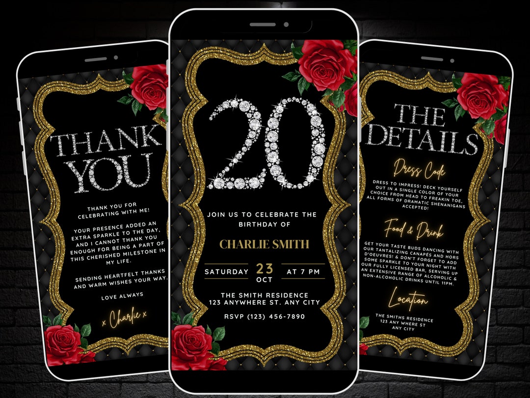 Womens 20th Birthday Invitation Template Red Gold 20th Invite - Etsy