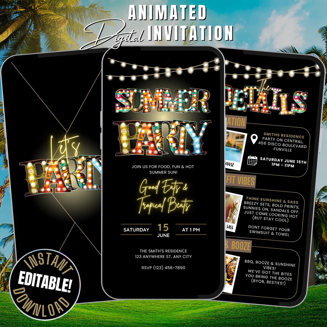 Summer Party Invitation Digital Download, Tropical BBQ Pool Invite ...