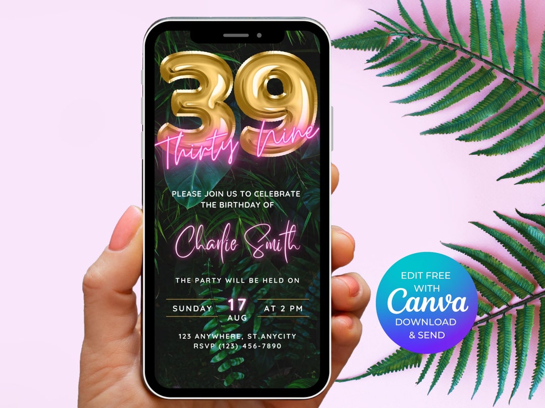 Digital 39th Birthday Party Invitation Template Neon Pink - Etsy
