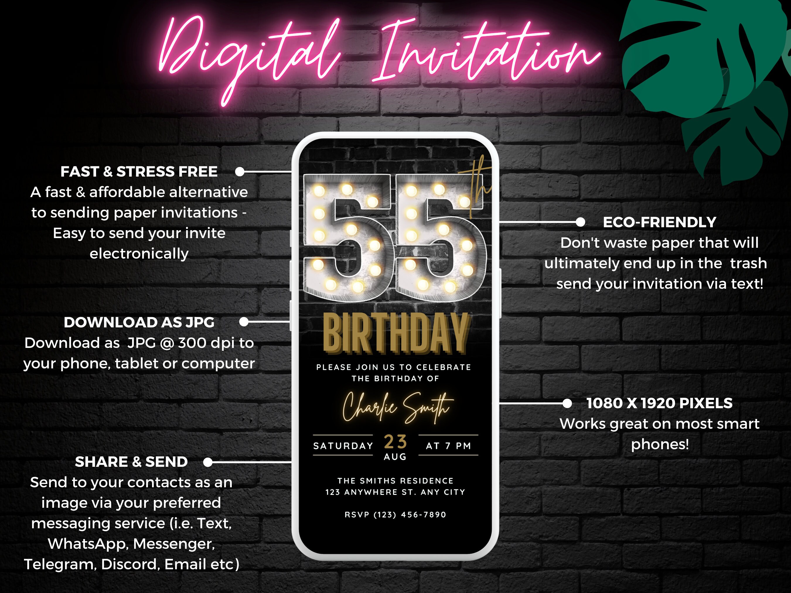 Mens 55th Birthday Invite, 55th Digital Invitation Black Gold Invite ...