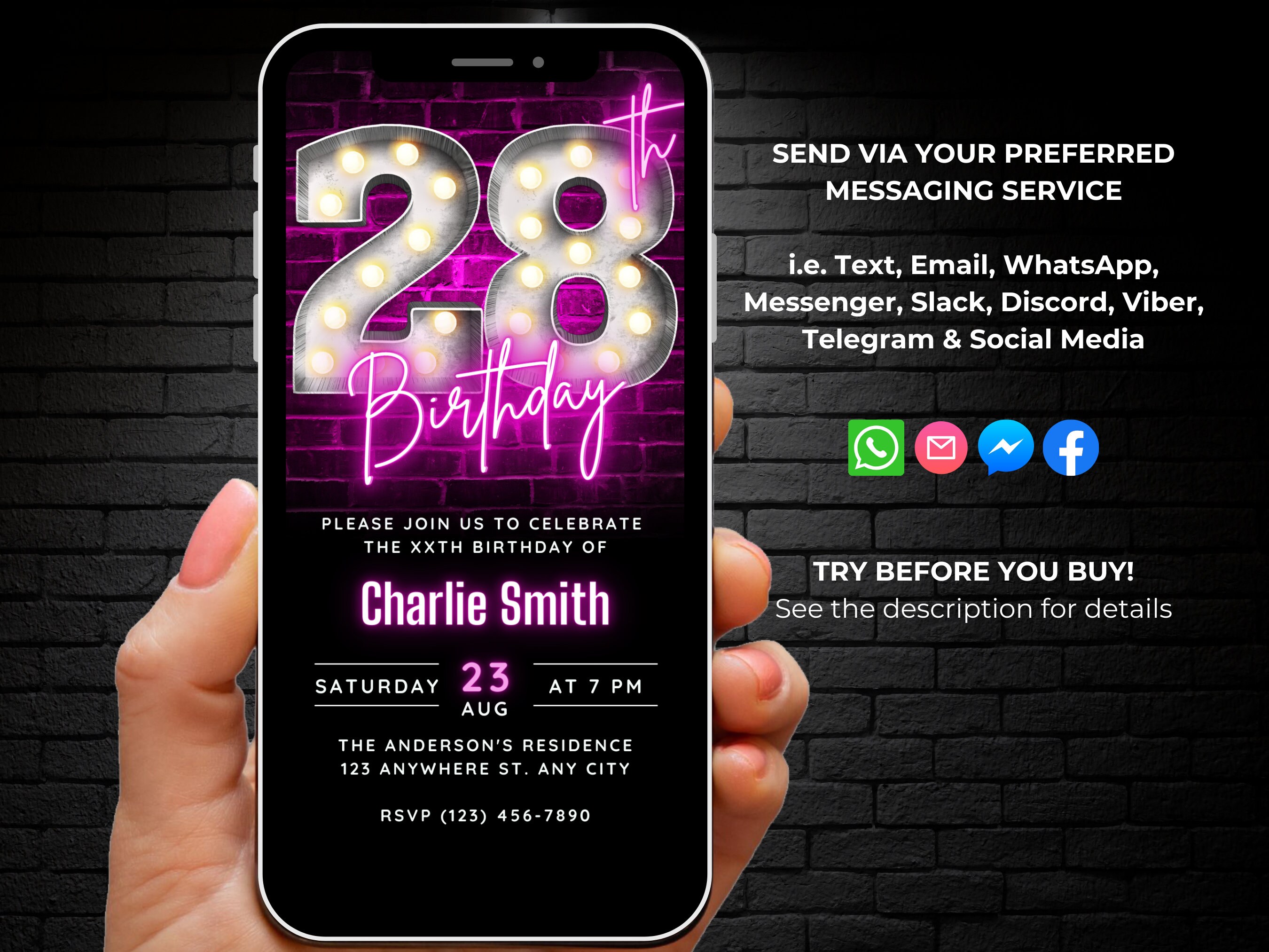 Editable 28th Birthday Invitation for Women Digital Template - Etsy