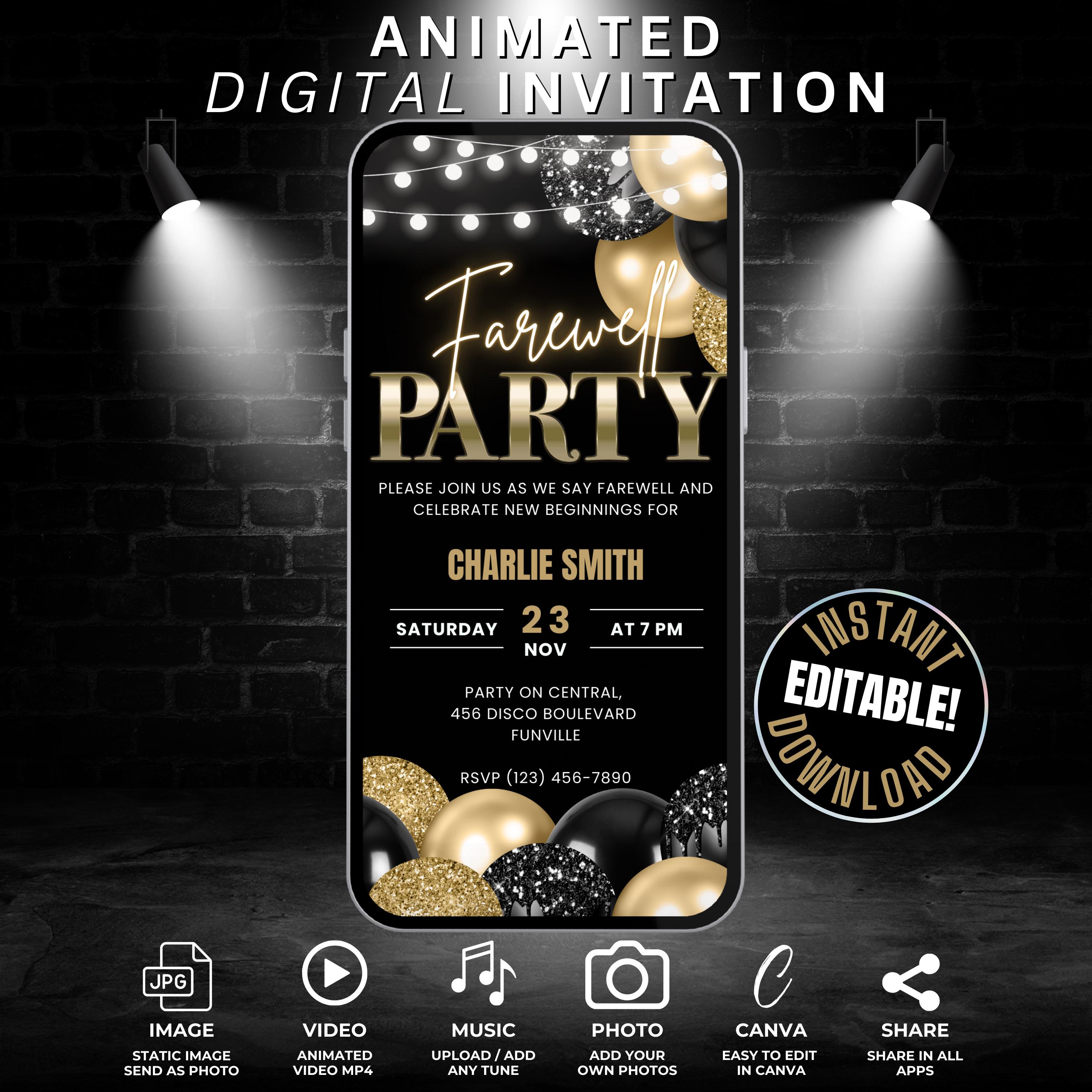 Animated Farewell Party Video Invitation Template, Digital Personalized ...