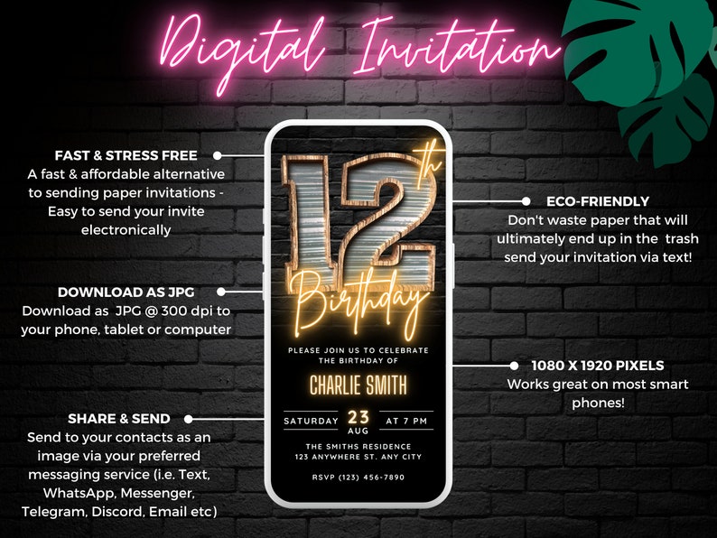 Boys Animated 12th Birthday Invitation Template, 12th Birthday Digital ...