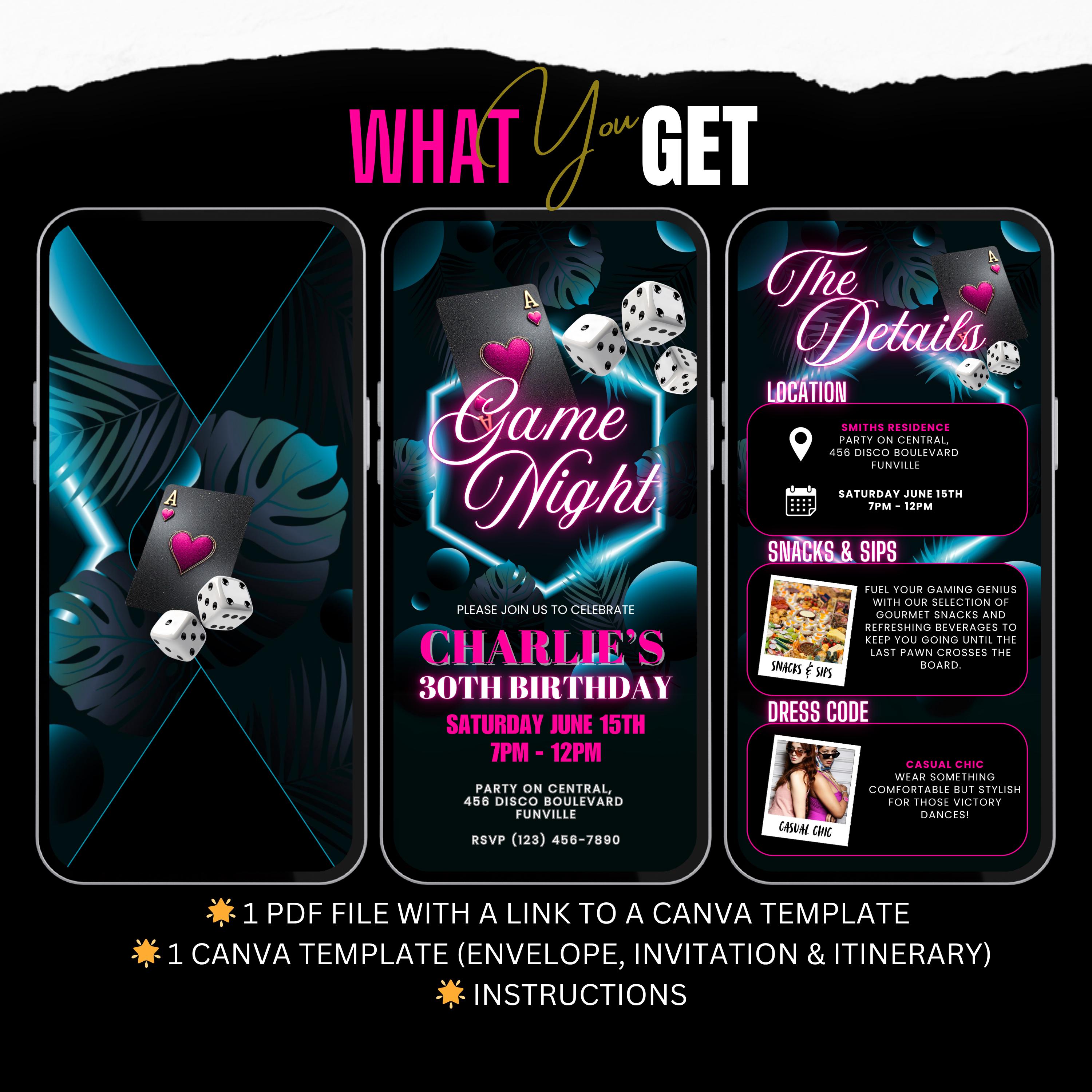Digital Birthday Game Night Invitation Template Editable Neon Blue ...