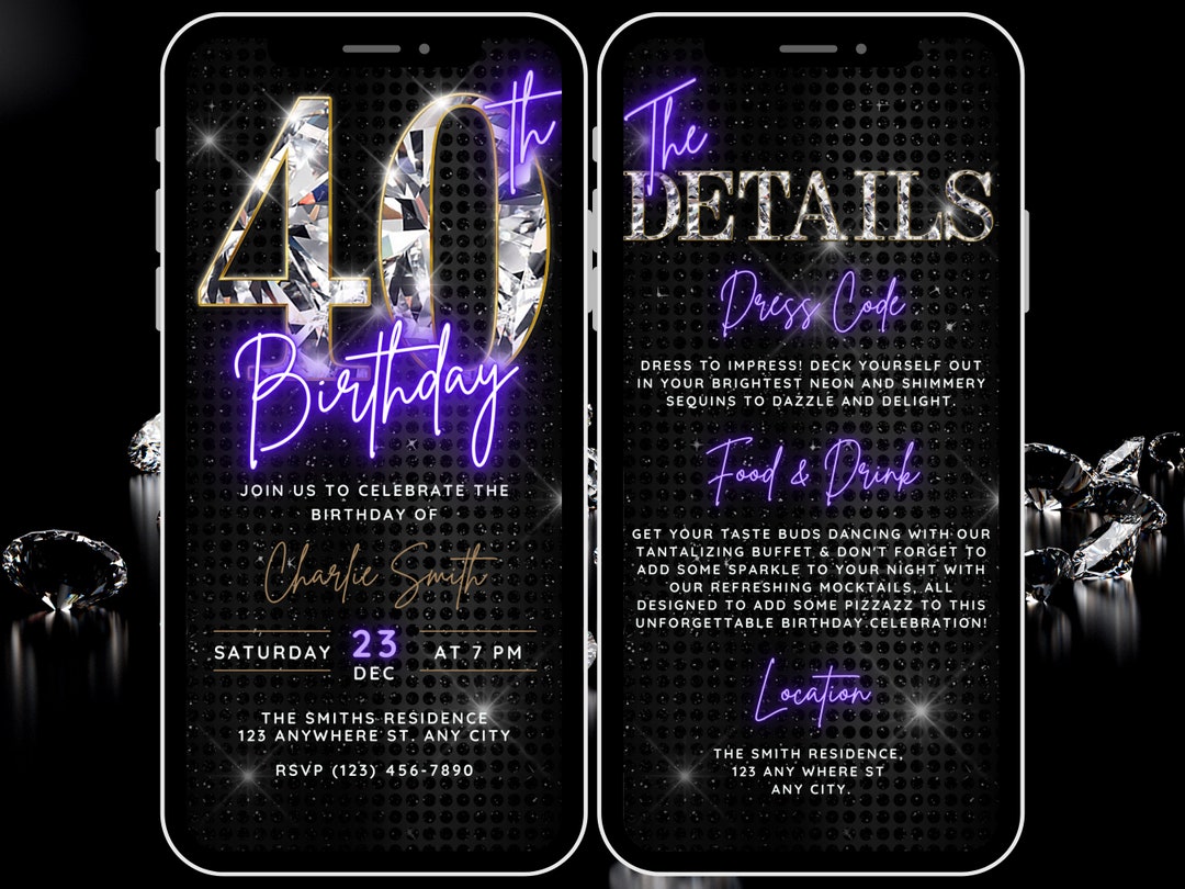 Animated Digital 40th Birthday Invitation for Girls, Womens Diamond ...