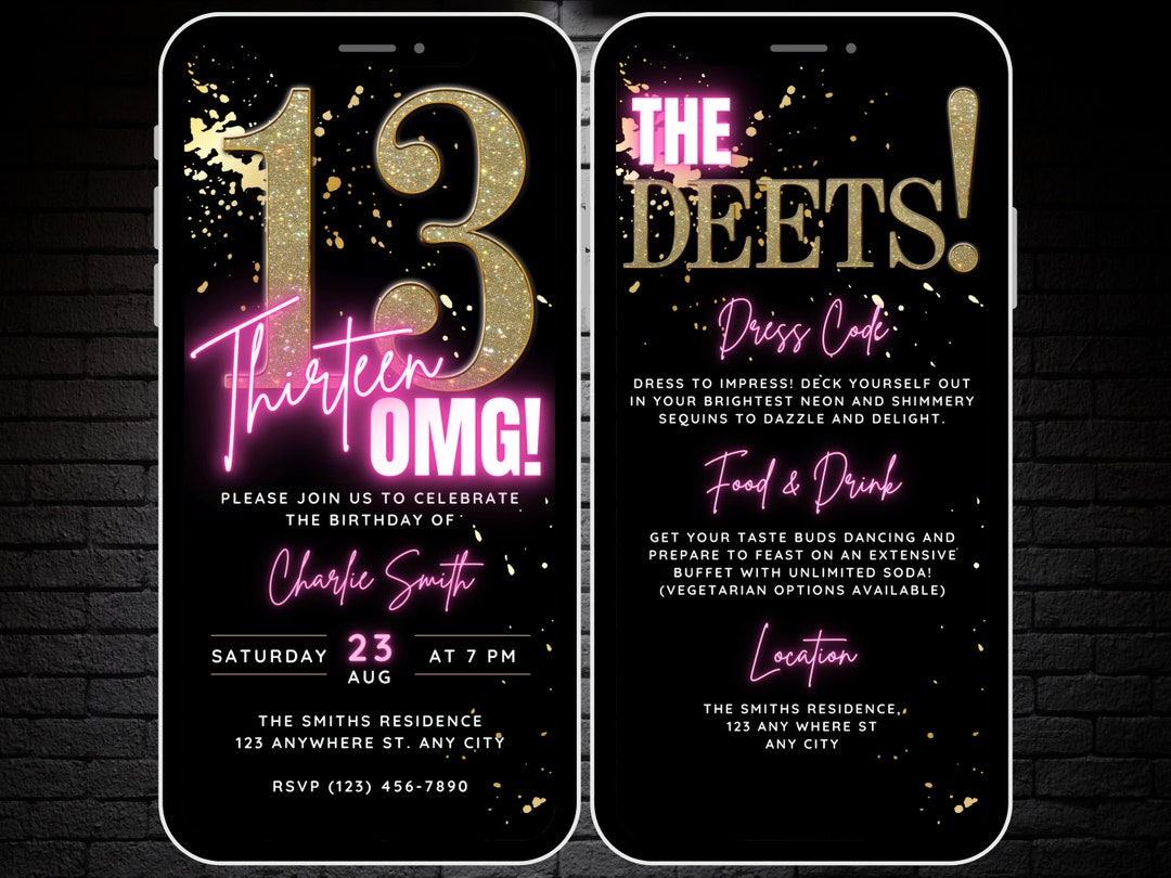 Girls 13th Birthday Party Invitation Template, Digital Thirteen OMG ...