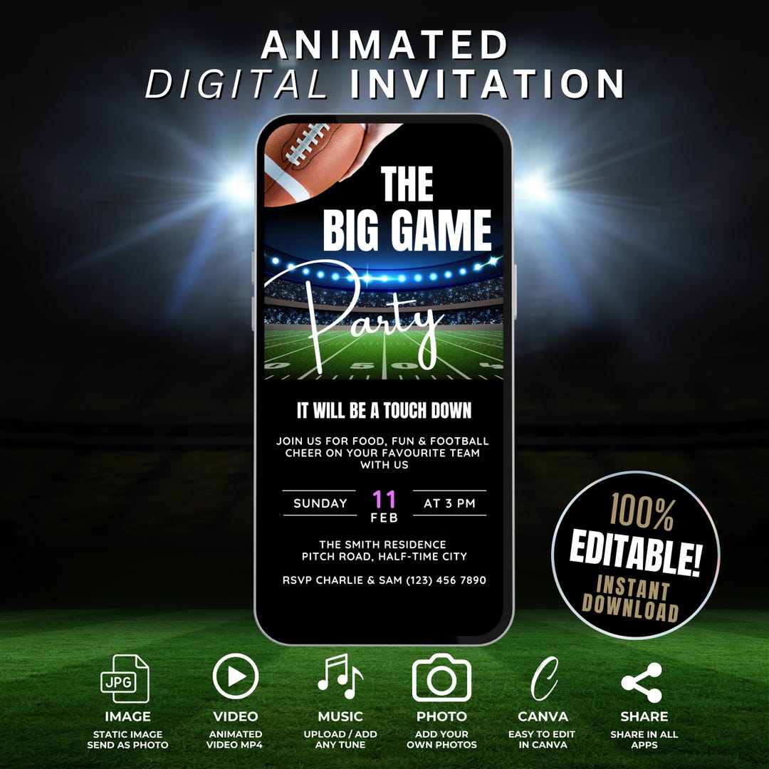 Super Bowl Party Invitation, Animated Football Watch Party Invite ...