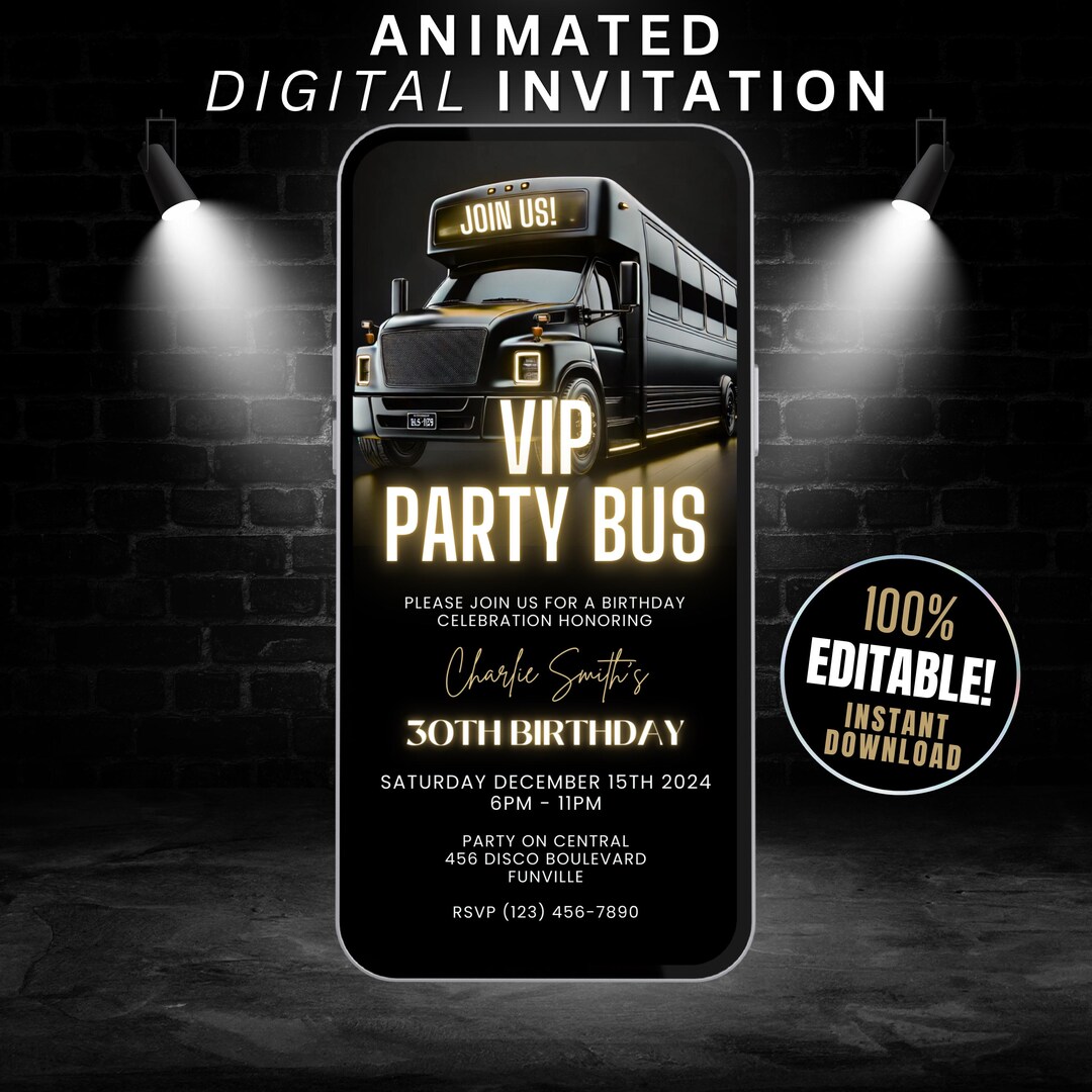 Digital VIP Party Bus Birthday Invitation Template, 100% Editable Limo ...