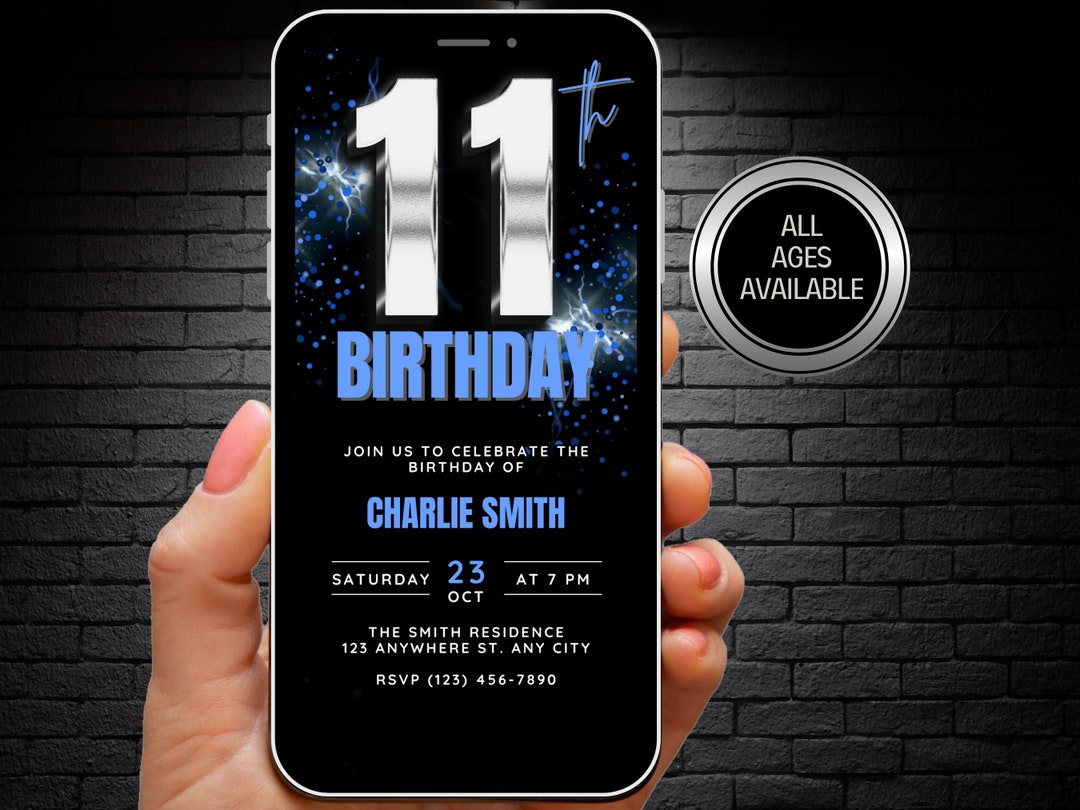 Boys 11th Birthday Invitation, Animated Silver & Blue Birthday Party Invite, Self Editable ...