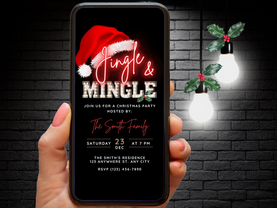 Digital Jingle and Mingle Invite Neon Christmas Party Invitation, Santa ...