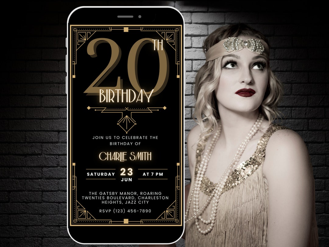 Black & Gold Gatsby 1920s Themed Party Invite, Editable Art Deco ...