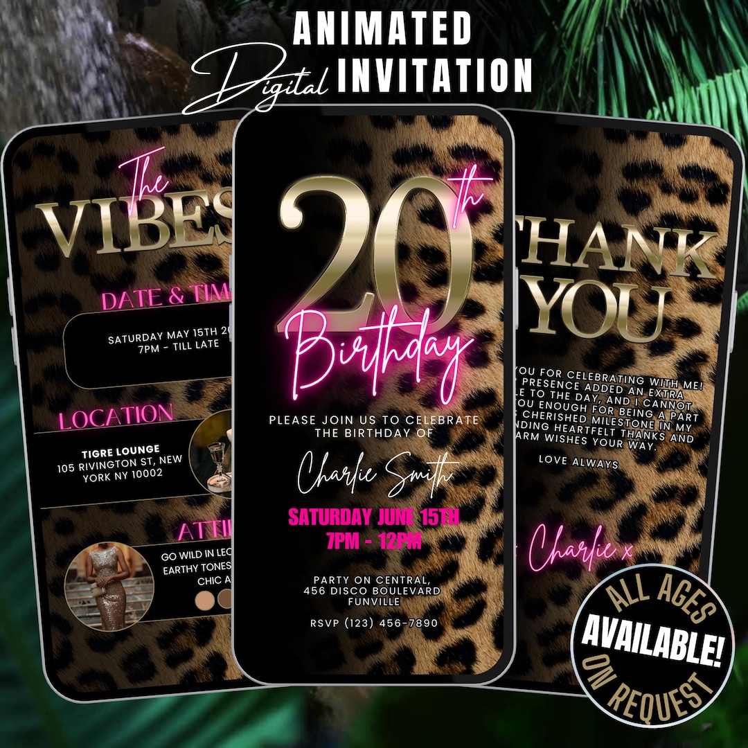 Digital 20th Cheetah Birthday Invitation Itinerary & Thank You Card ...