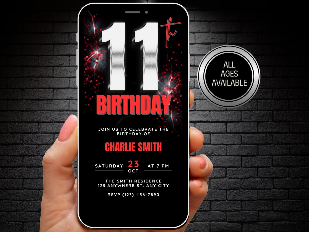 Boys 11th Birthday Invitation Silver Red 11 Year Old Birthday Video ...