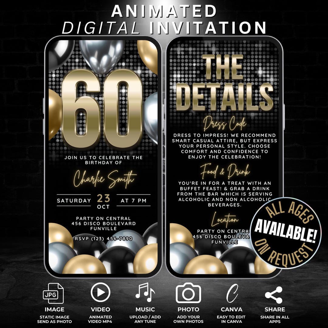 Digital 60th Birthday Video Invitation Template, Editable Silver Black ...