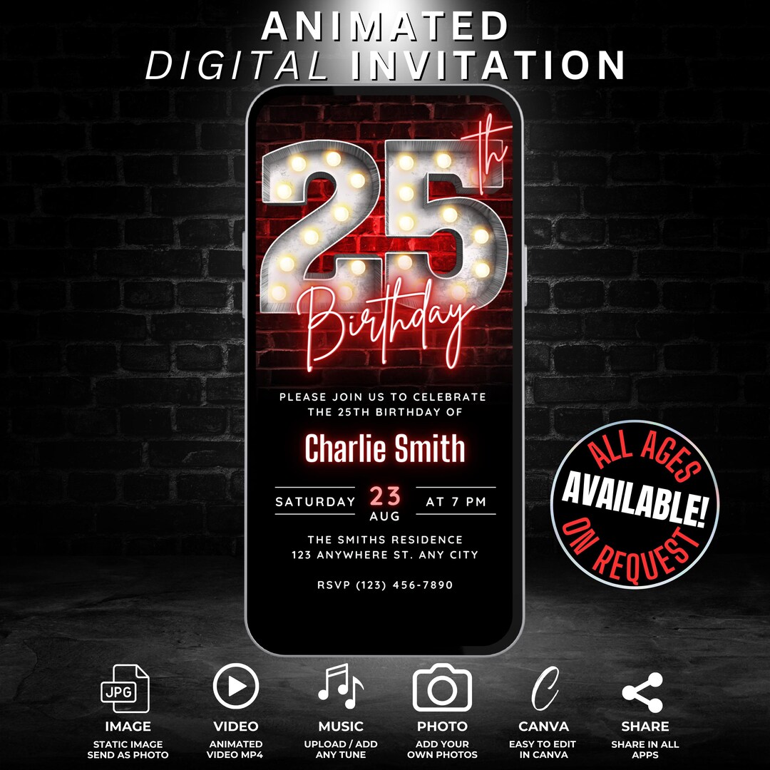Digital 25th Birthday Party Video Invitation for Him or Her, Editable ...