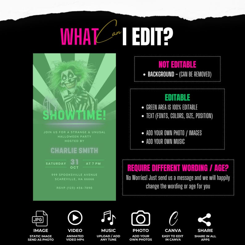 Halloween Party Invite Digital Canva Template, Animated Its Showtime ...