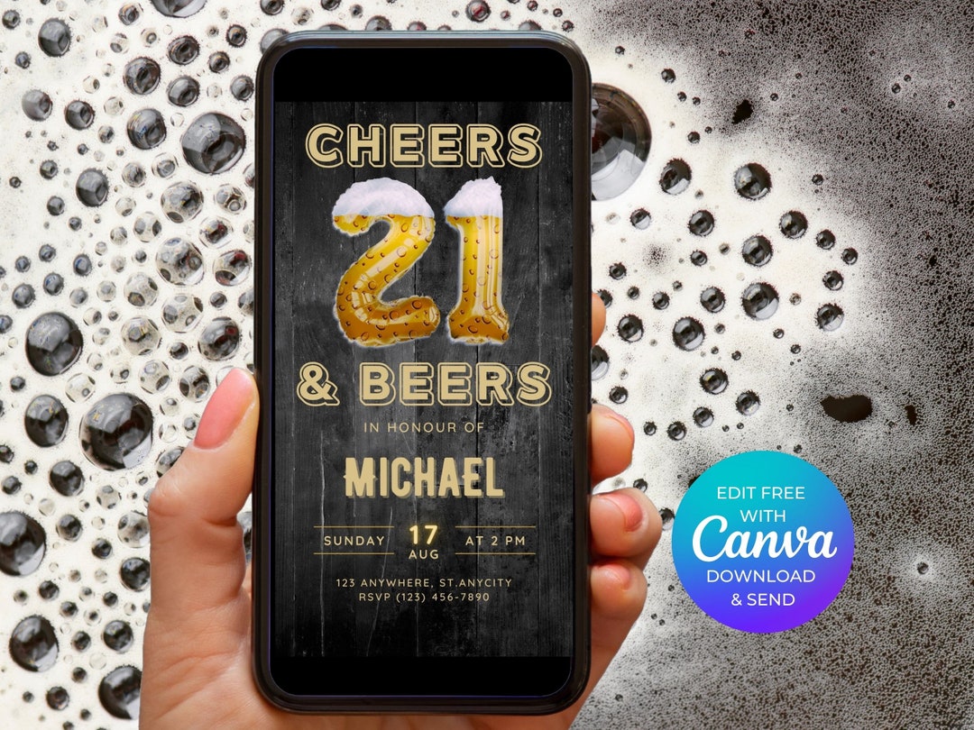 Digital 21st Birthday Invitation for Men, Cheers & Beers 21 Invite for ...