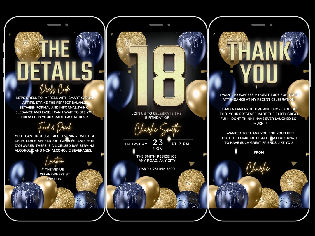 Animated Navy Blue and Gold 18th Birthday Invitation, 18th Party Invite ...