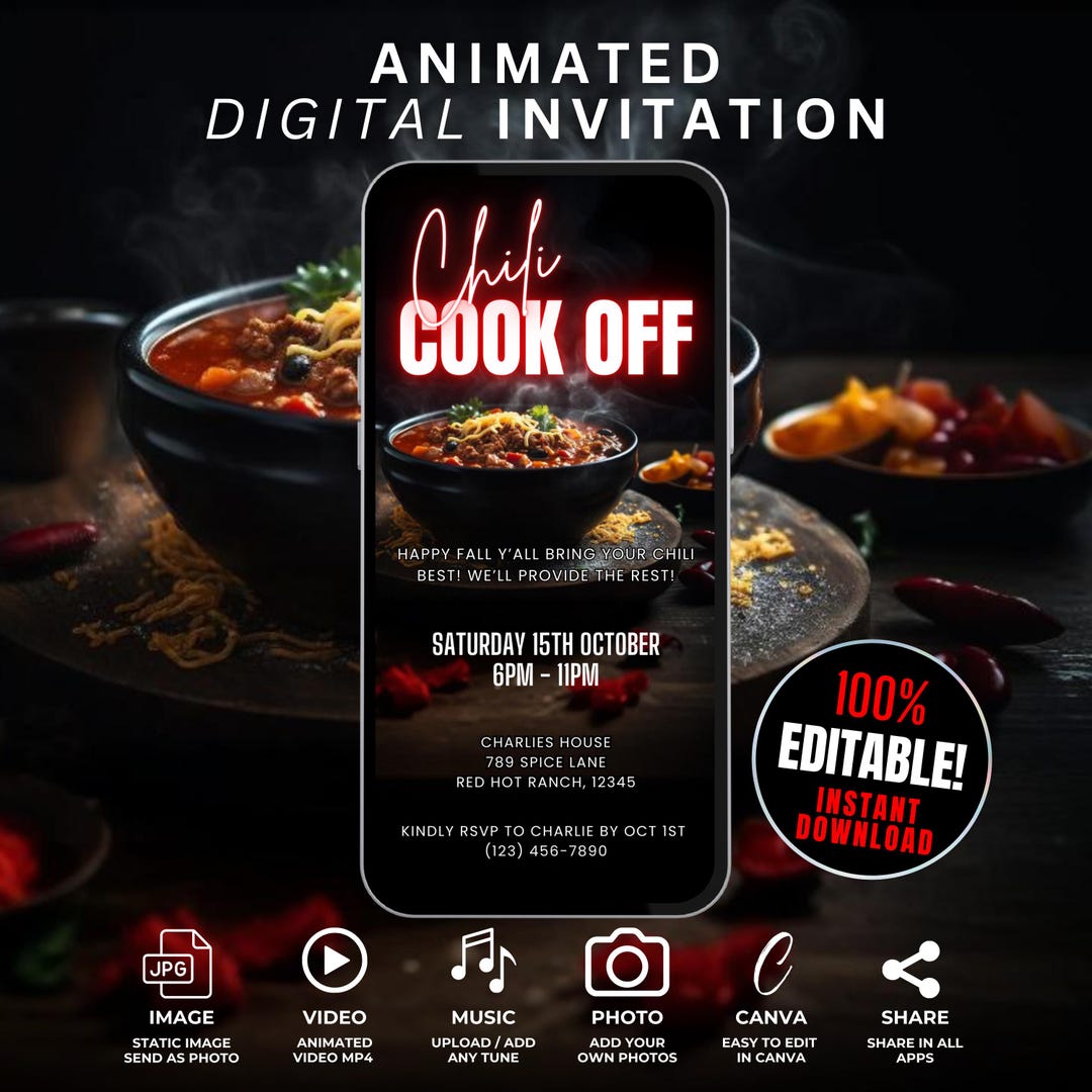 Digital Chili Cook off Invitation, Self Edit Chili Party Invite ...