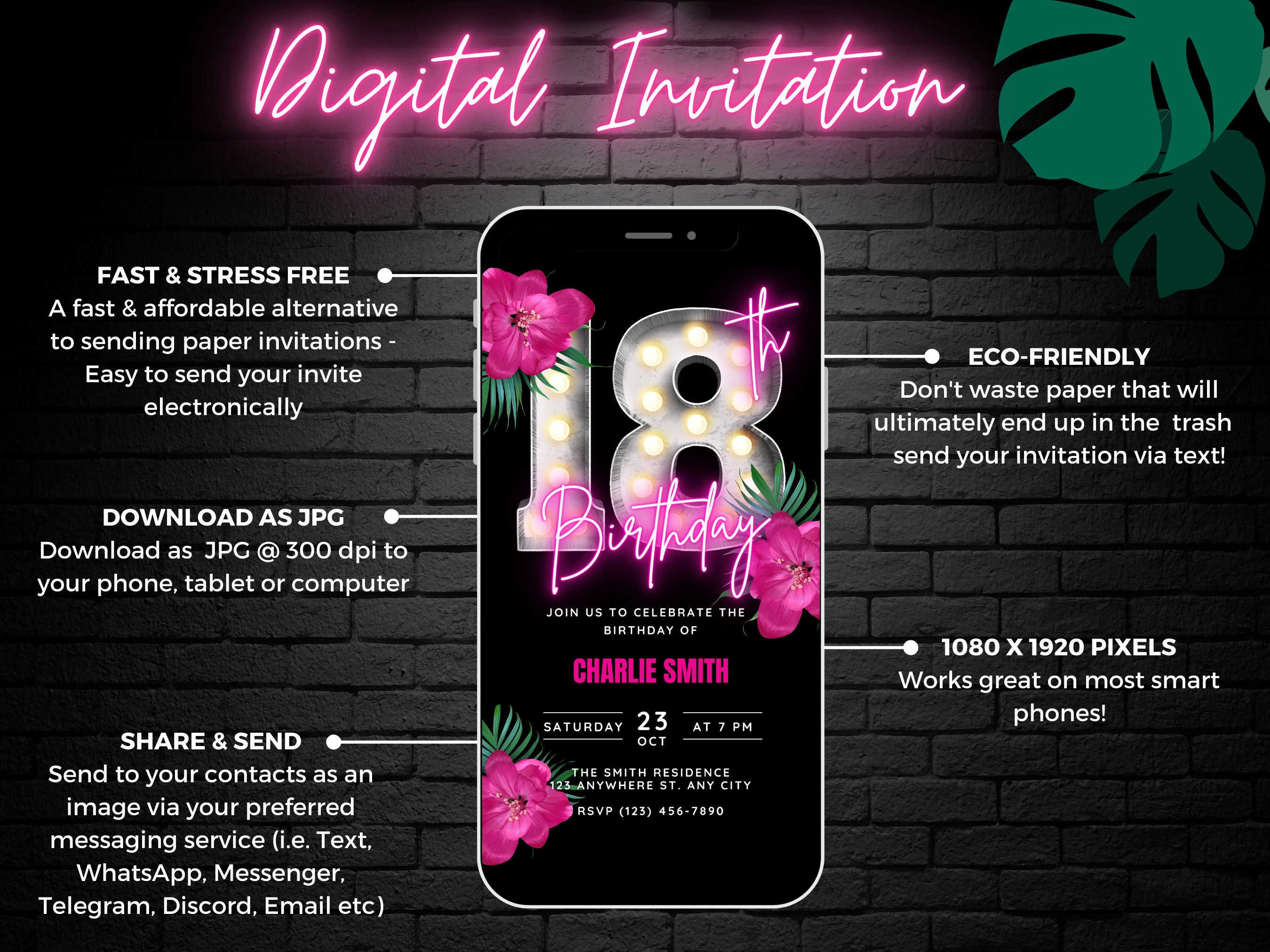 Girls 18th Birthday Video Invitation Pink Tropical Party - Etsy