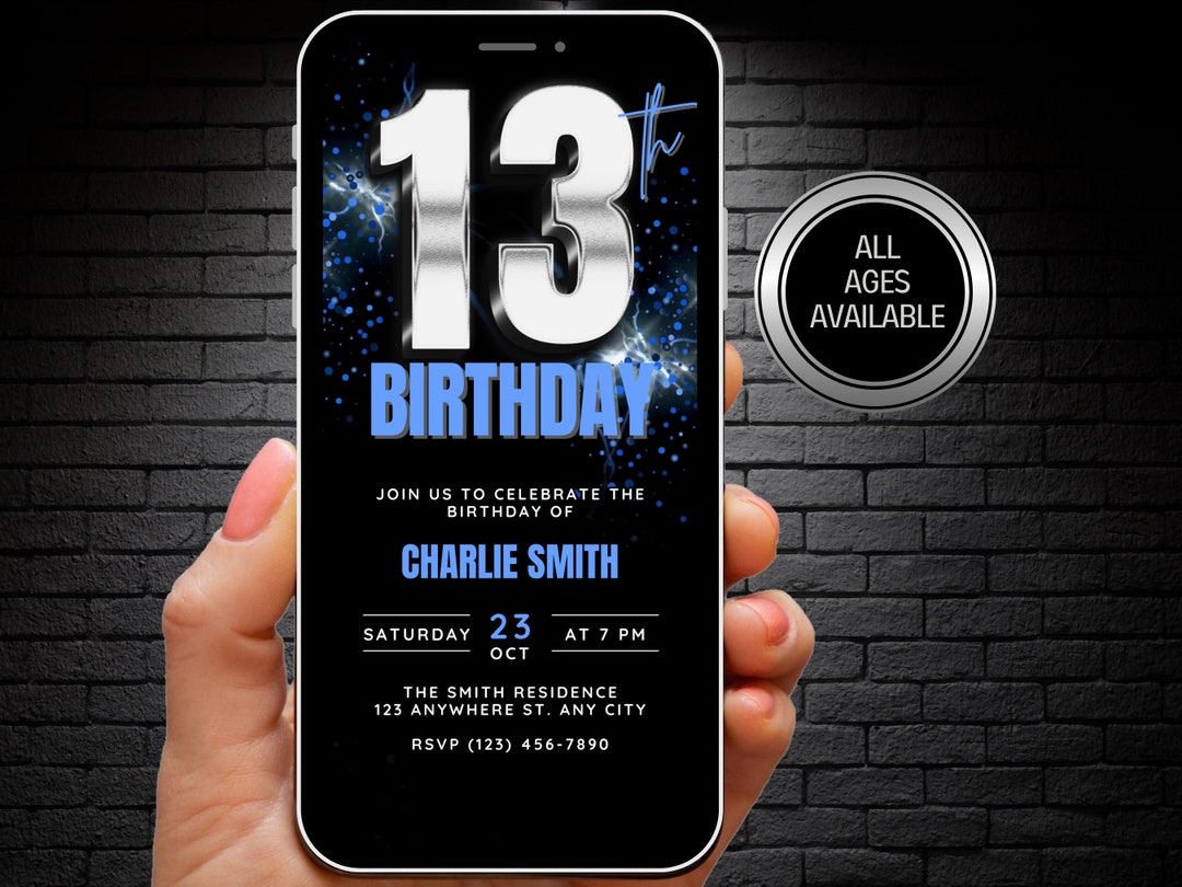 Boys 13th Birthday Invitation, Animated Silver Blue 13 Birthday Party ...