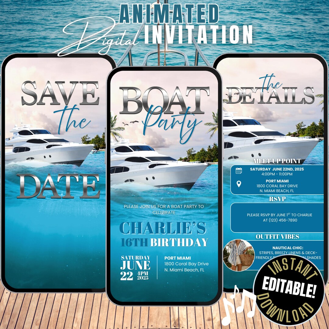 Silver & Blue Boat Party Invitation Animated Boat Party Evite, Digital ...