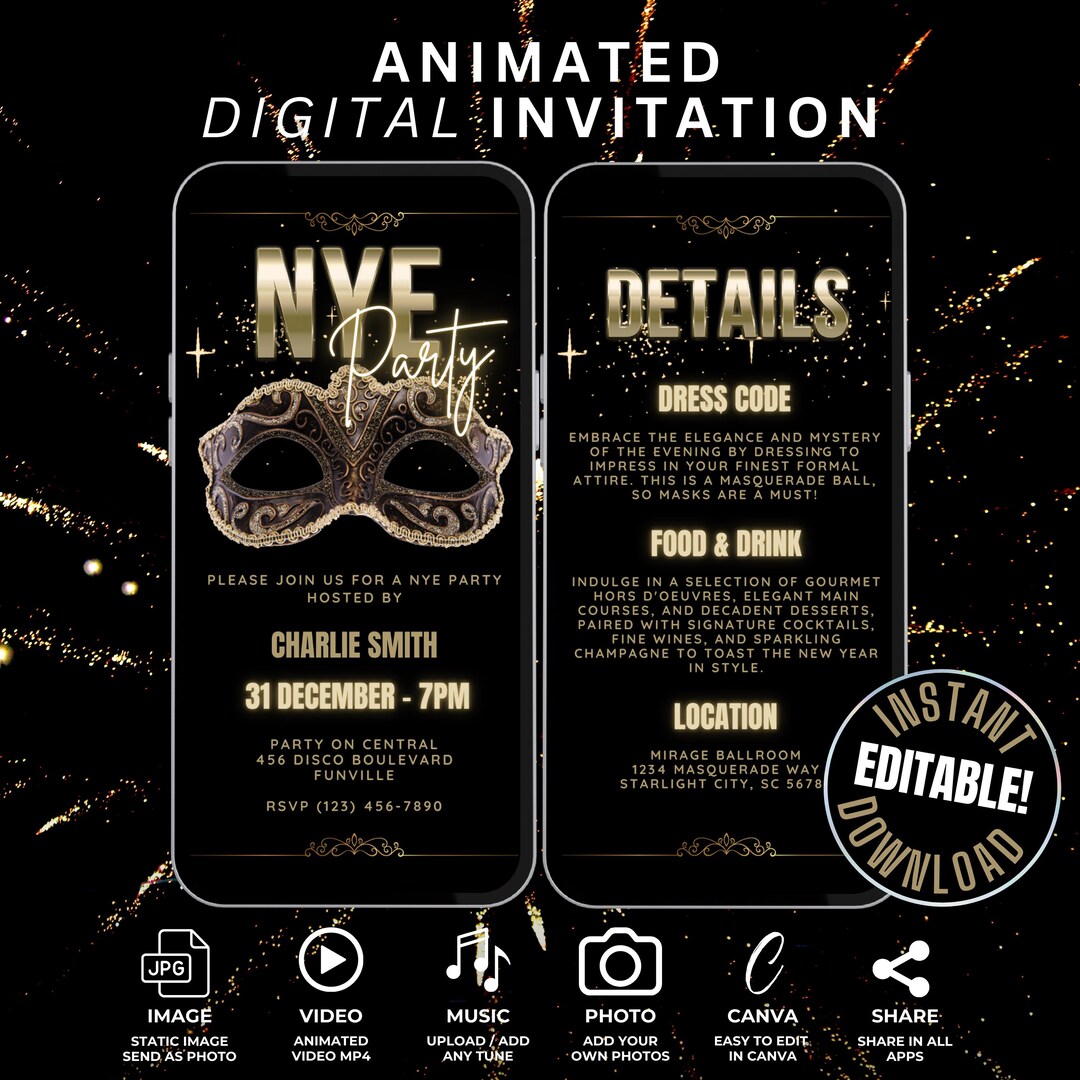 New Years Eve Invitation Digital Template, Self Edit Black & Gold New ...