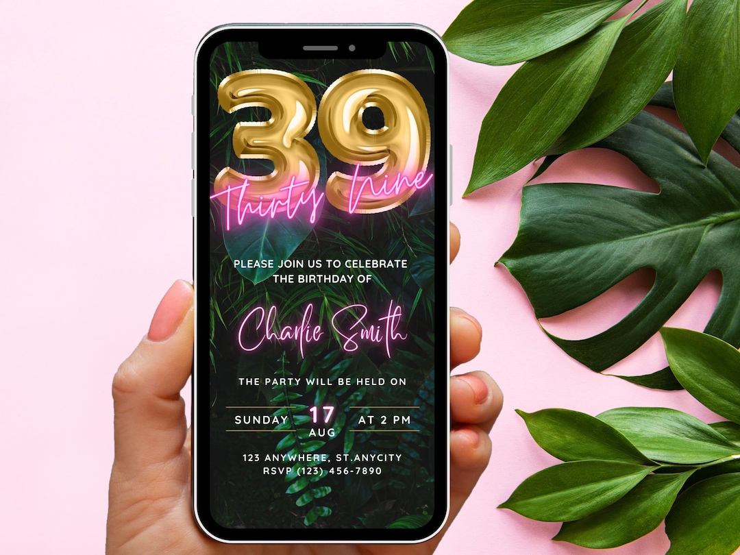 Digital 39th Birthday Party Invitation Template, Neon Pink Tropical ...