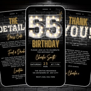 Mens 55th Birthday Invite, 55th Digital Invitation Black Gold Invite ...