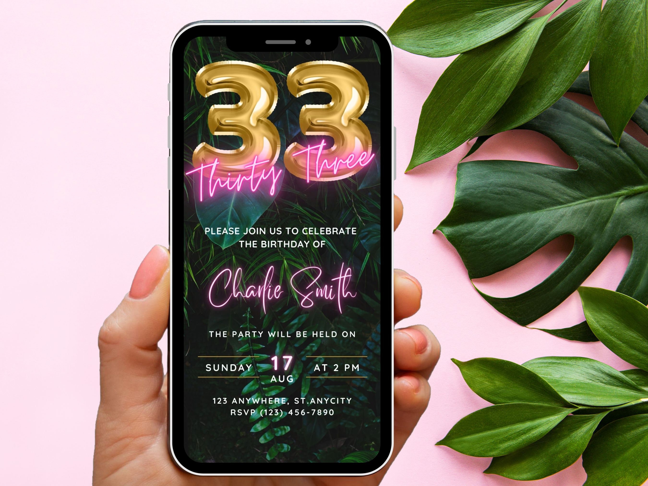 Digital 33rd Birthday Party Invitation Template, Neon Pink Tropical ...