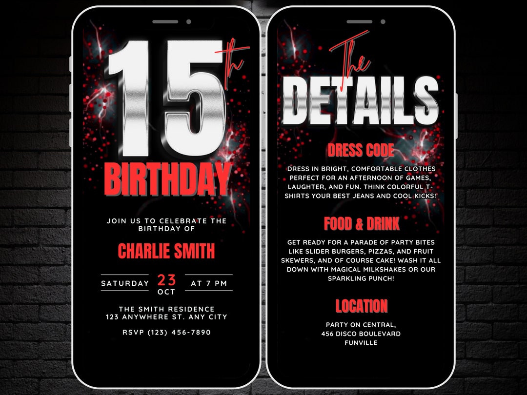 Boys 15th Birthday Invitation Silver Red 15 Year Old Birthday Video ...