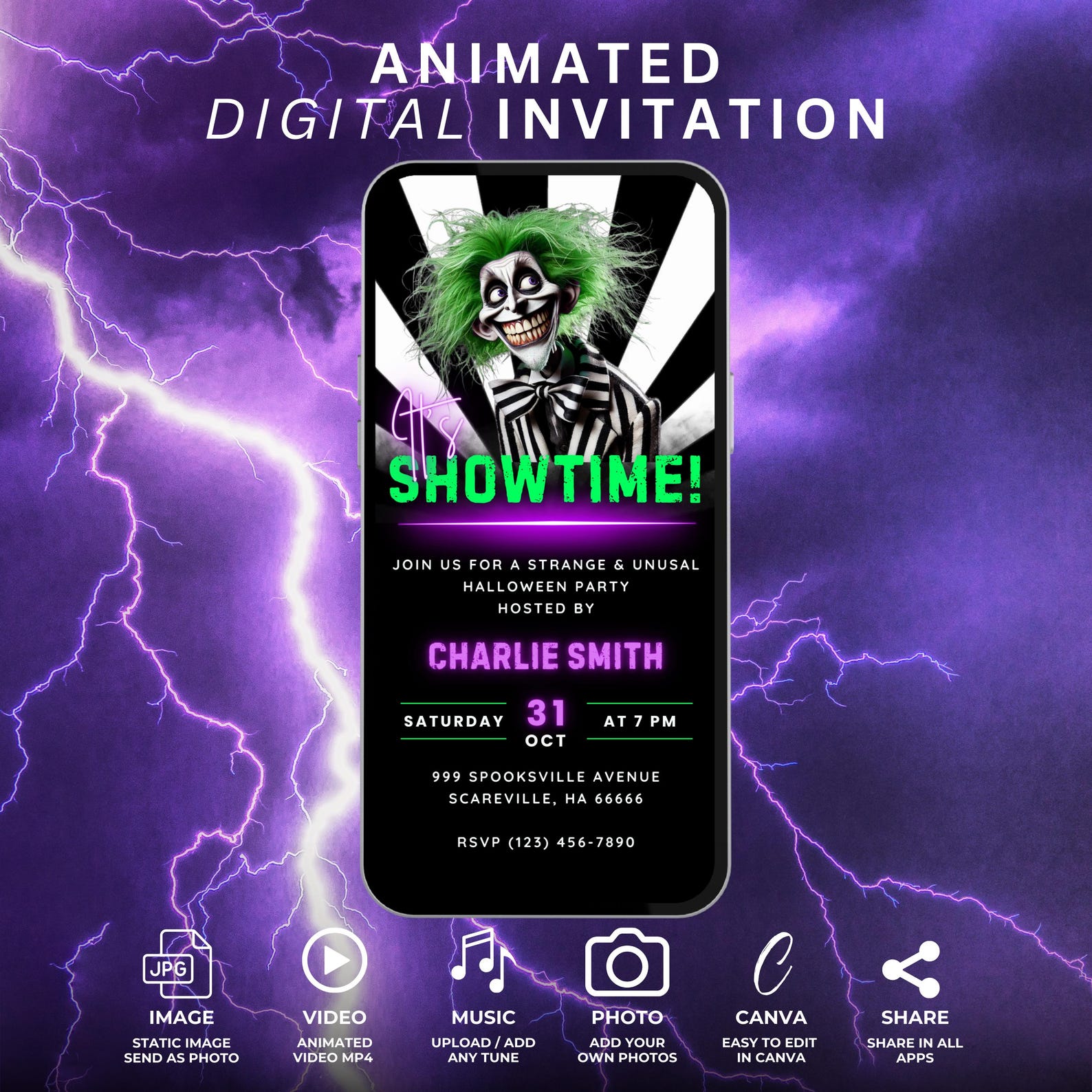 Halloween Party Invite Digital Canva Template, Animated Its Showtime ...