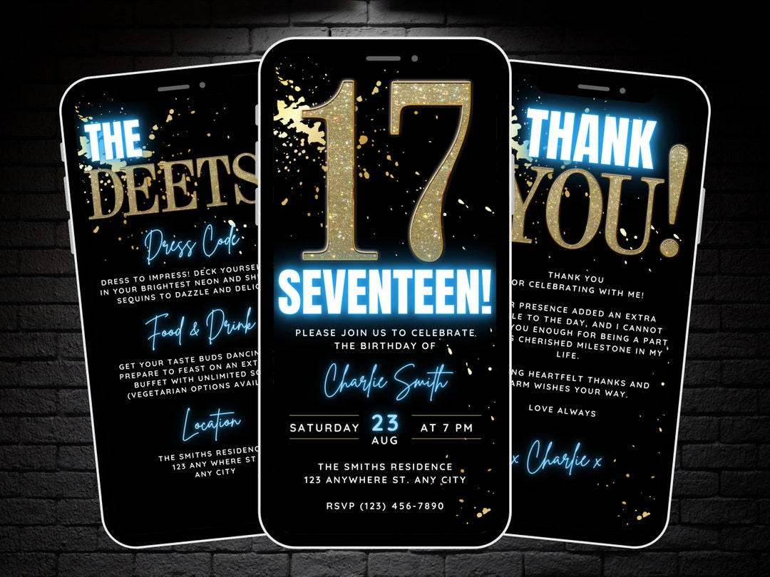 Girls Animated 17th Birthday Party Invitation, Digital 17 Birthday ...