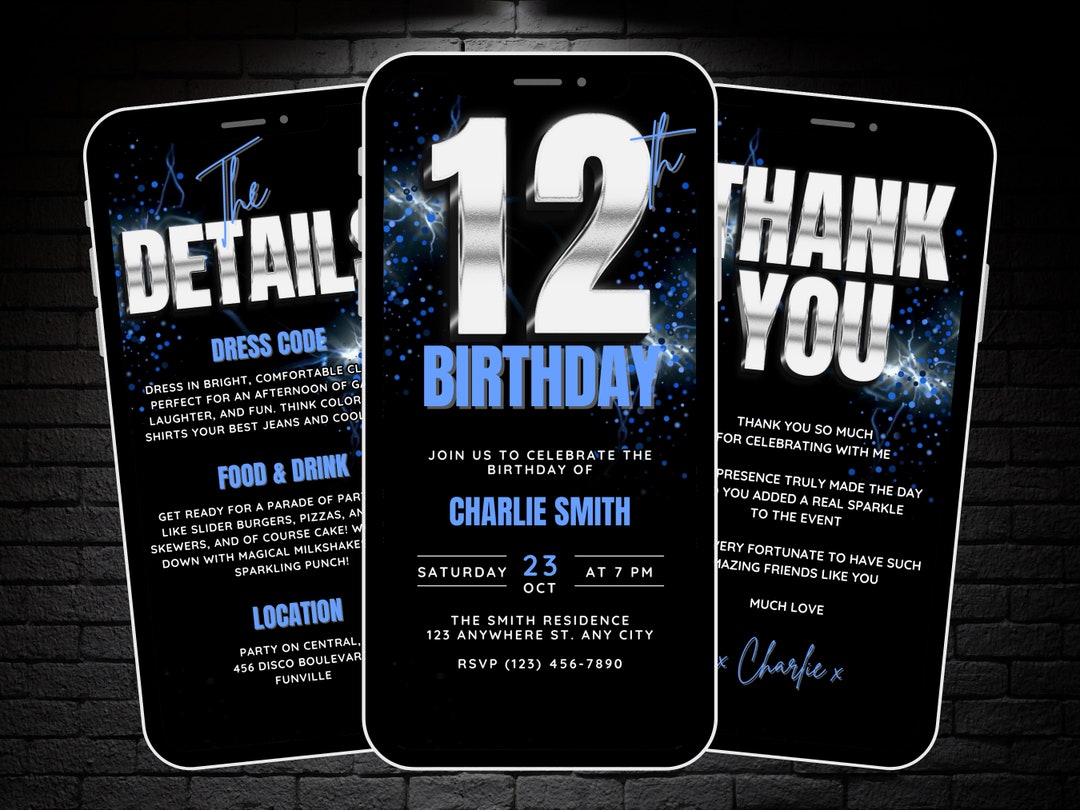 Boys 12th Birthday Invitation, Animated Silver Blue 12 Birthday Party ...