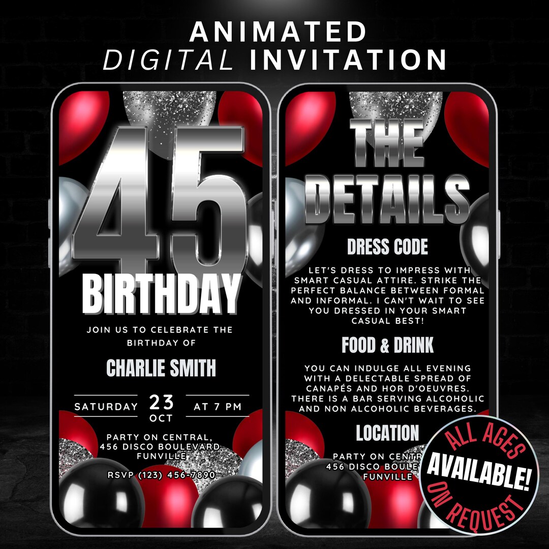 Digital 45th Birthday Party Invitation & Details Template, Editable Red ...