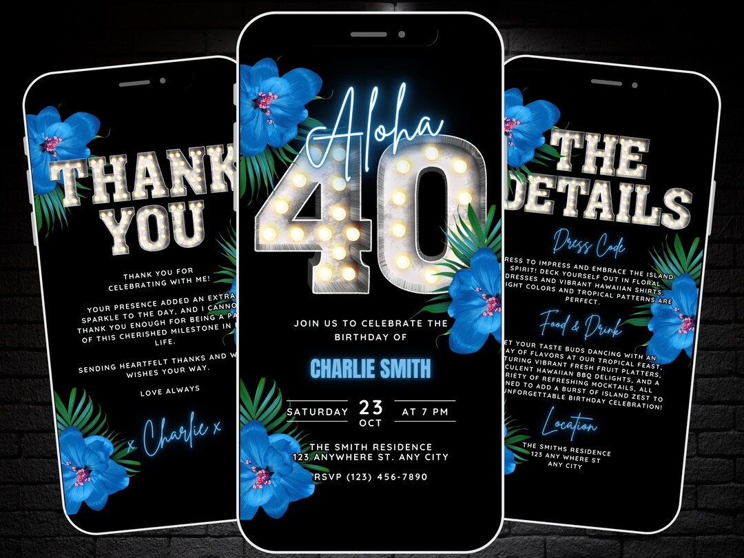 Aloha 40 Birthday Party Invitation Template, Womens Blue Tropical ...